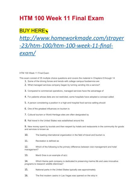 HTM 100 Week 11 Final Exam