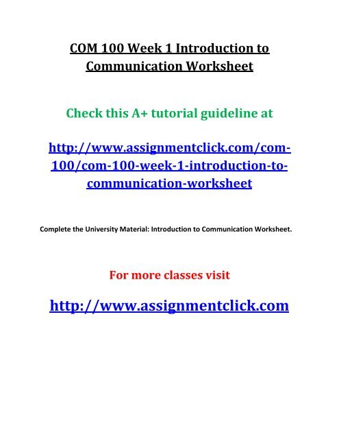 COM 100 Week 1 Introduction to Communication