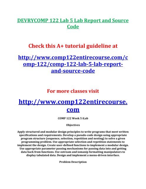 DEVRYCOMP 122 Lab 5 Lab Report and Source Code