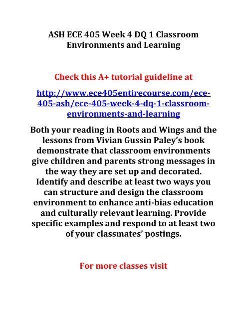 ASH ECE 405 Week 4 DQ 1 Classroom Environments