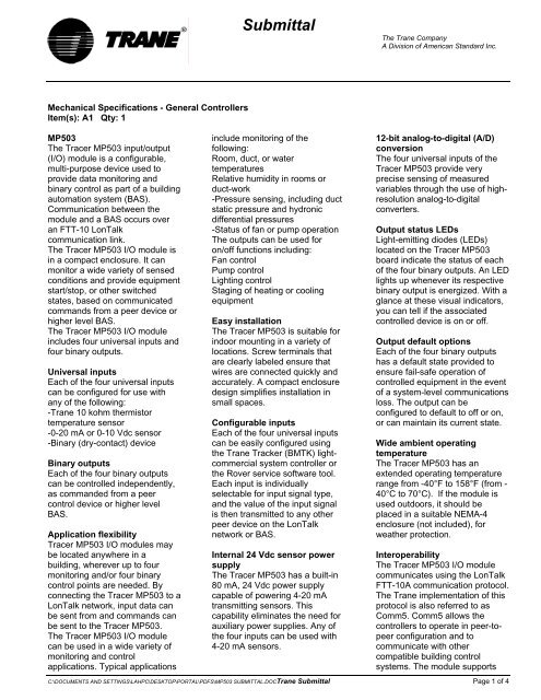 MP503 Submittal - Trane