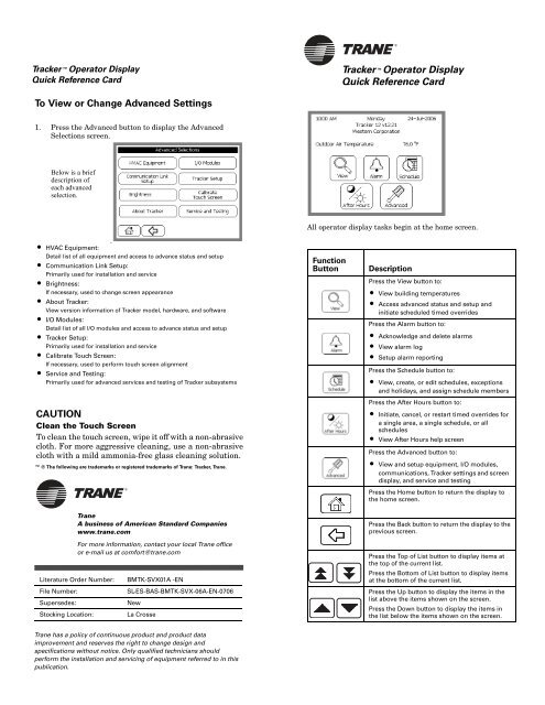 Tracker Operator Display Quick Reference Card To View or ... - Trane