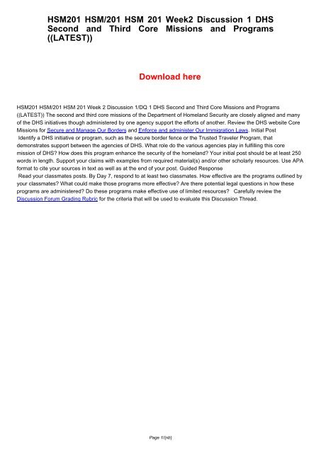 HSM201 HSM201 HSM 201 Week2 Discussion 1 DHS Second and Third Core ...