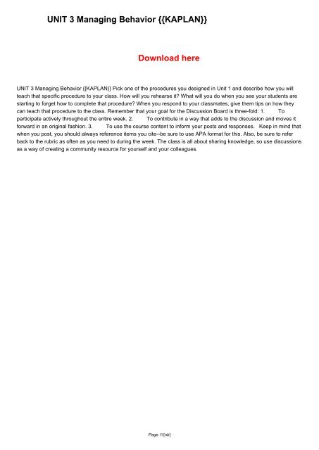 UNIT 3 Managing Behavior {{KAPLAN}} UNIT 3 Managing Behavior {{KAPLAN}}