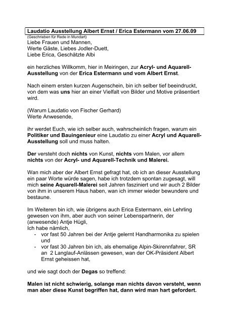 Laudatio an Ausstellung von Kunstmaler Erica Estermann und