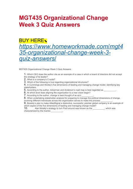 MGT435 Organizational Change Week 3 Quiz Answers