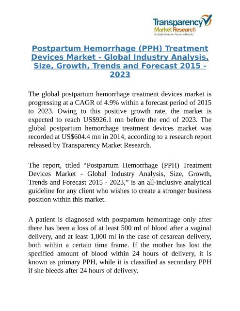 Postpartum Hemorrhage (PPH) Treatment Devices Market