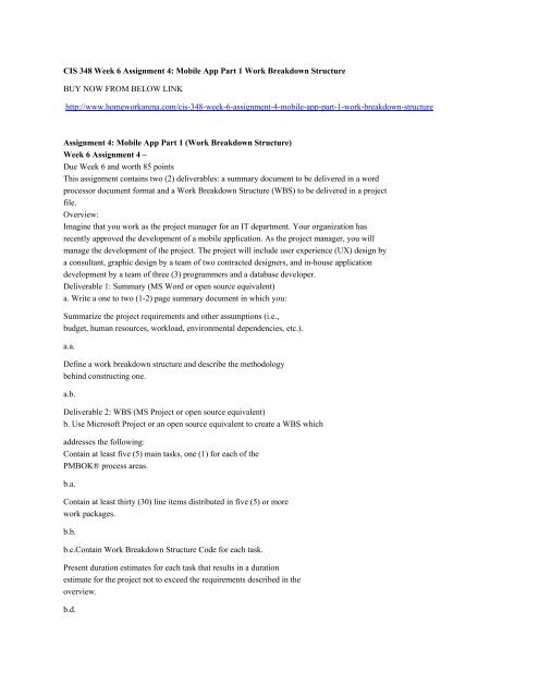 CIS 348 Week 6 Assignment 4 Mobile App Part 1 Work Breakdown Structure