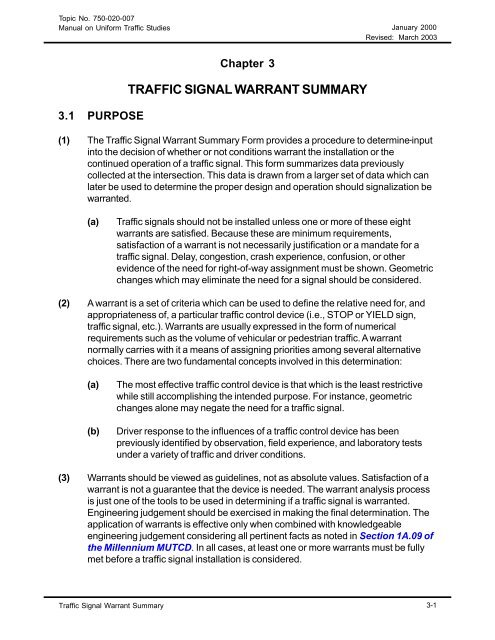 TRAFFIC SIGNAL WARRANT SUMMARY