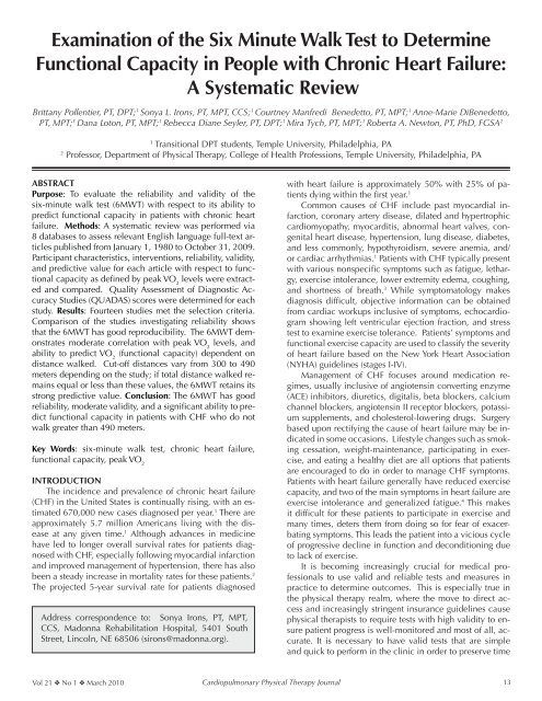 Examination of the Six Minute Walk Test to Determine Functional ...
