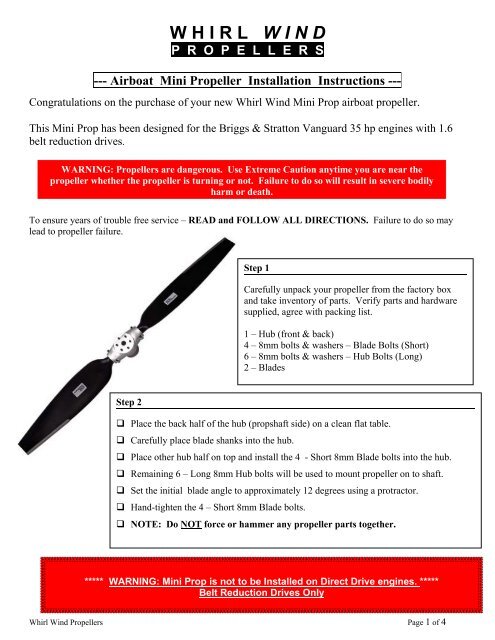 Airboat Mini Propeller Installation Instructions - WhirlWind Propellers