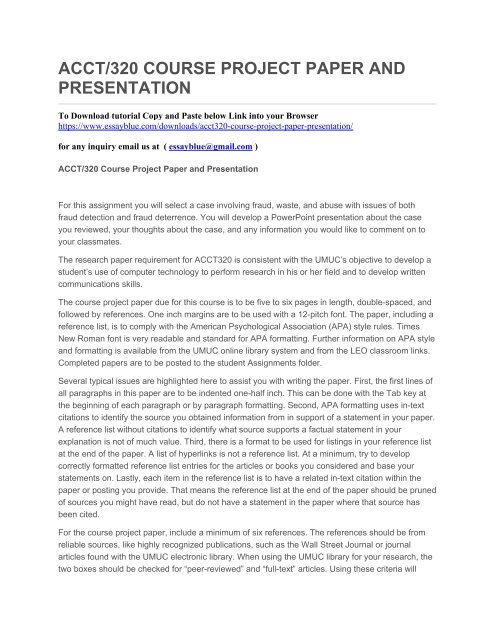 ACCT320 COURSE PROJECT PAPER AND PRESENTATION