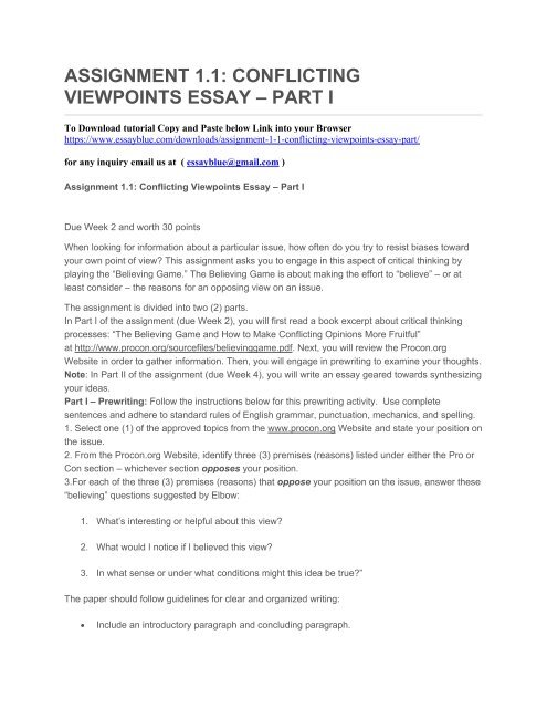 ASSIGNMENT 1.1 CONFLICTING VIEWPOINTS ESSAY – PART I