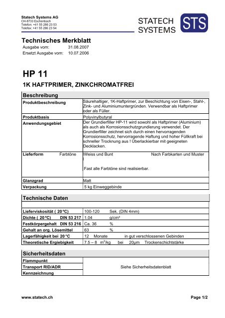 Technisches Merkblatt - Statech Systems AG