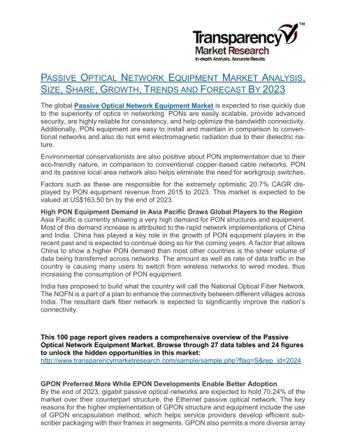 Passive Optical Network Equipment Market