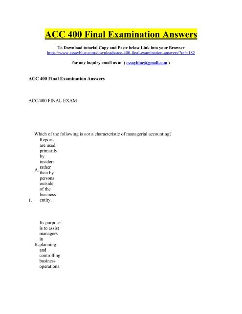 ACC 400 Final Examination Answers