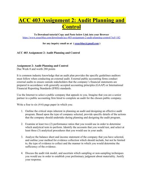 ACC 403 Assignment 2 Audit Planning and Control
