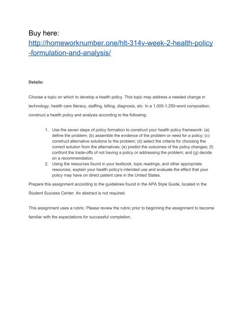 HLT 314V Week 2 Health Policy Formulation and Analysis