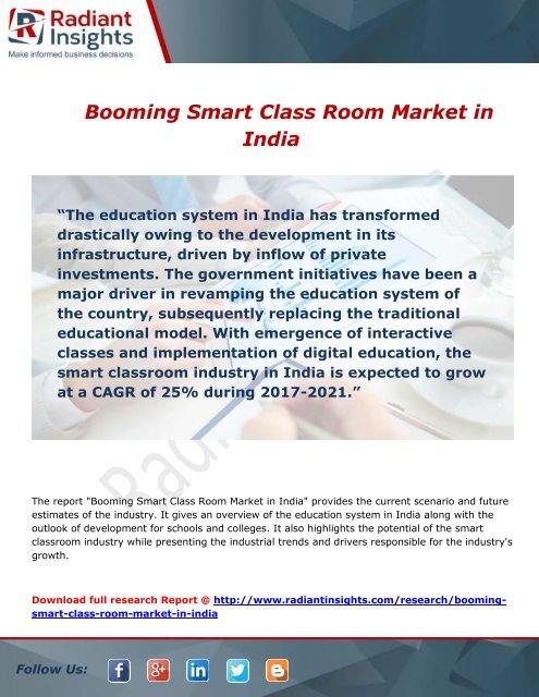 Booming Smart Class Room in India Market Analysis & Forecasts 2017-2021