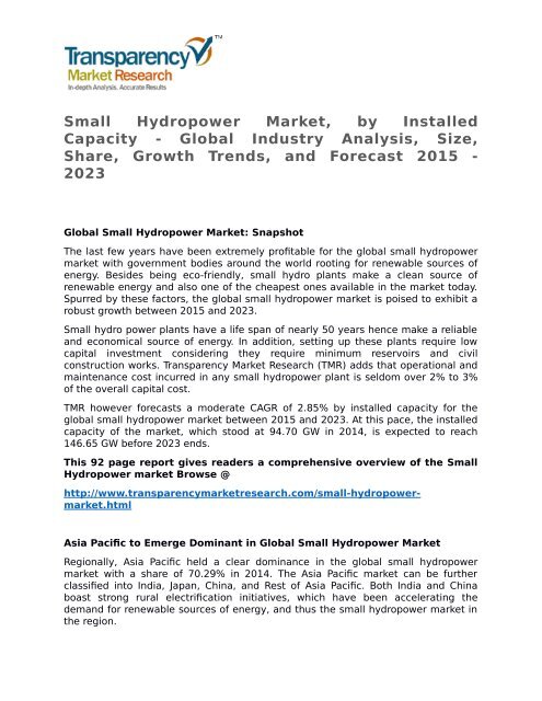 Small Hydropower Market, by Installed Capacity - Global Industry ... Small Hydropower Market, by Installed Capacity - Global Industry ...