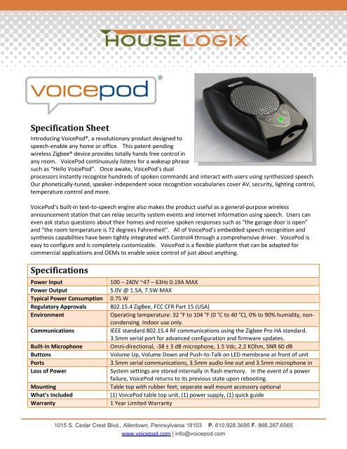 Specification Sheet Specifications - VoicePod