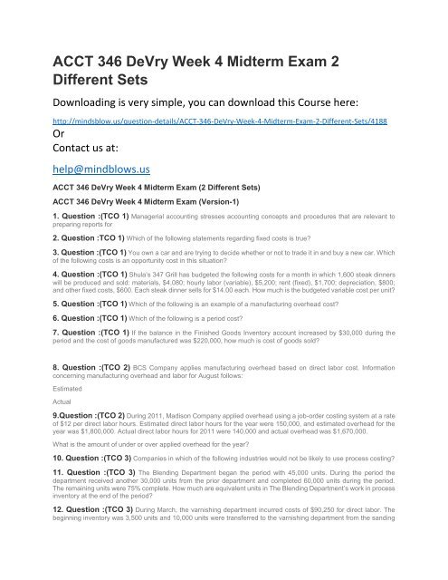 ACCT 346 DeVry Week 4 Midterm Exam 2 Different Sets