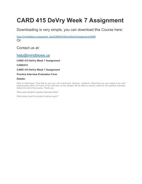 CARD 415 DeVry Week 7 Assignment