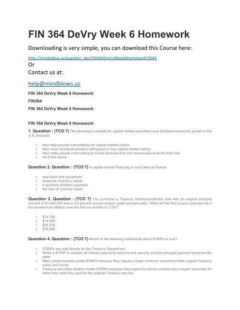 FIN 364 DeVry Week 6 Homework