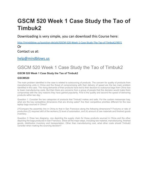 GSCM 520 Week 1 Case Study The Tao of Timbuk2