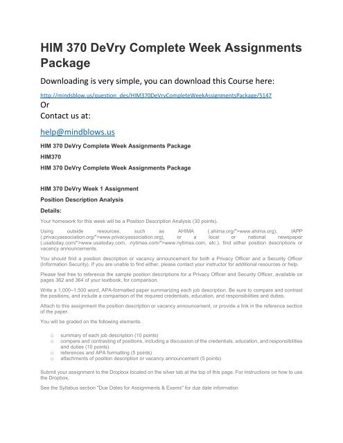 HIM 370 DeVry Complete Week Assignments Package