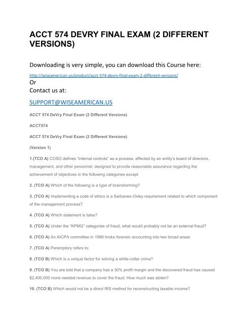 ACCT 574 DEVRY FINAL EXAM (2 DIFFERENT VERSIONS)