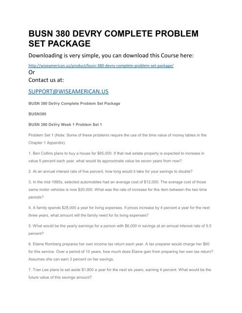 BUSN 380 DEVRY COMPLETE PROBLEM SET PACKAGE