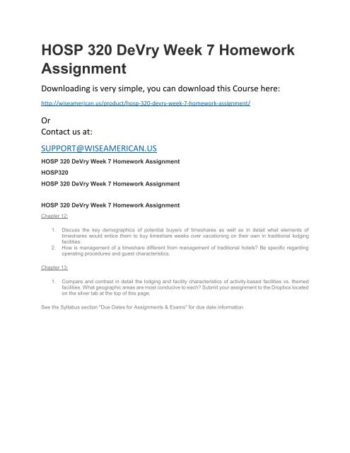 HOSP 320 DeVry Week 7 Homework Assignment