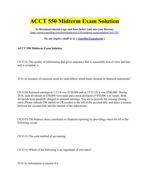 ACCT 550 Midterm Exam Solution