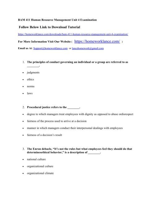 BAM 411 Human Resource Management Unit 4 Examination