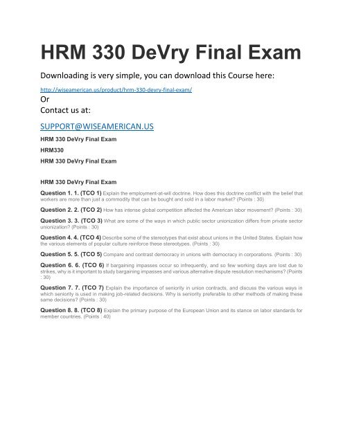 HRM 330 DeVry Final Exam