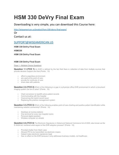 HSM 330 DeVry Final Exam