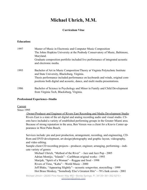 Michael Uhrich, M.M. Curriculum Vitae
