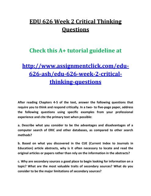 ASH EDU 626 Week 2 Critical Thinking Questions