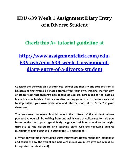 ASH EDU 639 Week 1 Assignment Diary Entry of a Diverse Student
