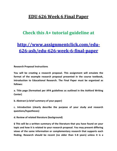 ASH EDU 626 Week 6 Final Paper
