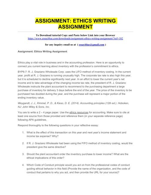 ASSIGNMENT ETHICS WRITING ASSIGNMENT