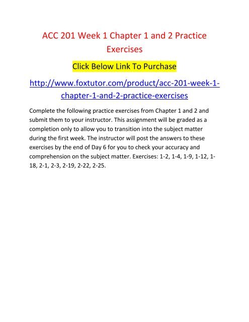 ACC 201 Week 1 Chapter 1 and 2 Practice Exercises