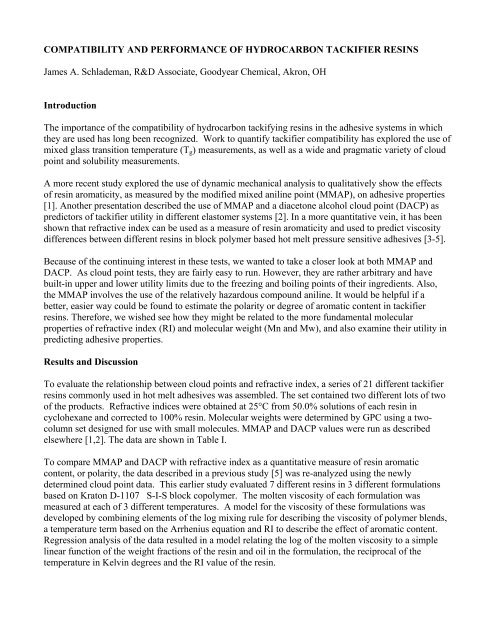 compatibility and performance of hydrocarbon tackifier resins