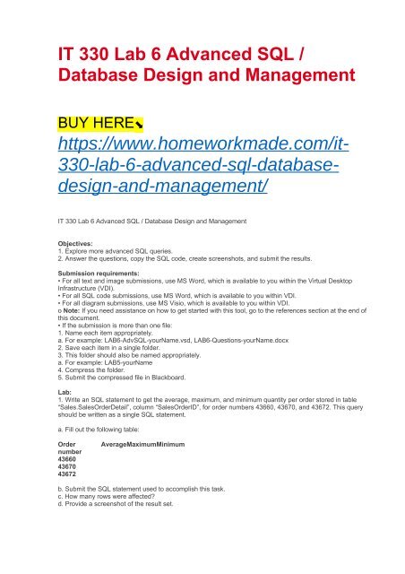 IT 330 Lab 6 Advanced SQL : Database Design and Management
