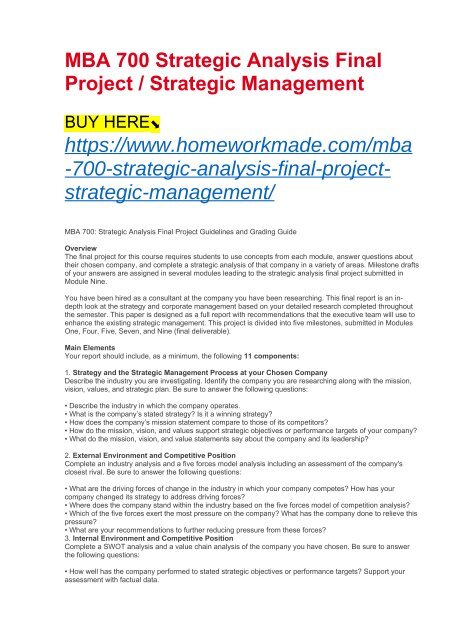 MBA 700 Strategic Analysis Final Project : Strategic Management
