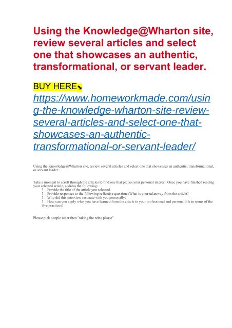 Using the Knowledge@Wharton site, review several articles and select ...