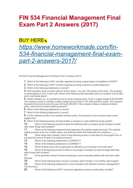 FIN 534 Financial Management Final Exam Part 2 Answers (2017)