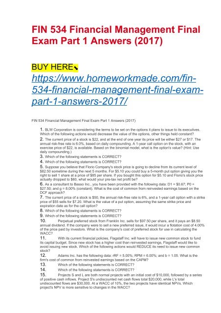 FIN 534 Financial Management Final Exam Part 1 Answers (2017)