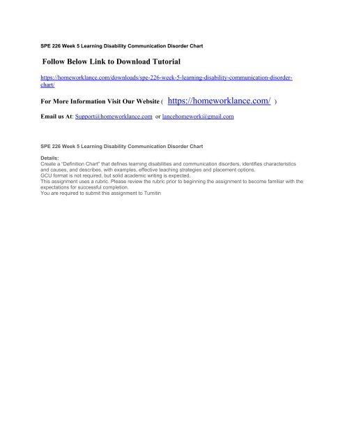 SPE 226 Week 5 Learning Disability Communication Disorder Chart